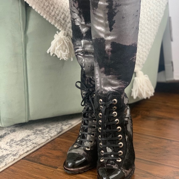 CHANEL | Shoes | Chanel Black And Silver Wedge Pony Skin Boots | Poshmark